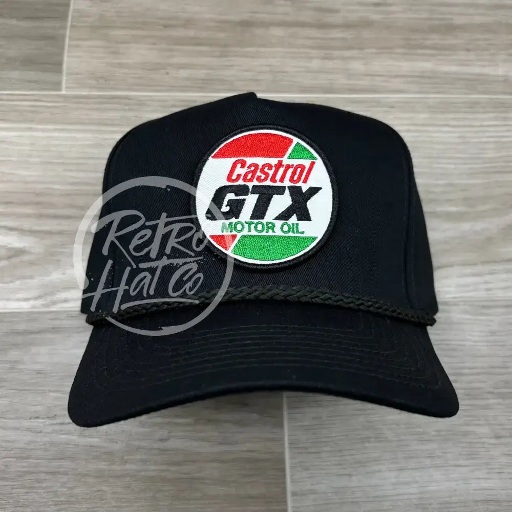 Castrol GTX Motor Oil Patch on Tall Black Retro Rope Hat