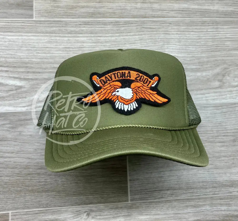 Daytona 2001 (orange eagle) Bike Rally Patch on Olive Meshback Trucker
