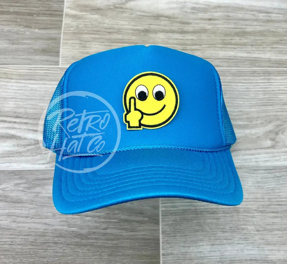 Flip Off (FU) Smiley Face Emoji Patch on Turquoise Meshback Trucker Ha