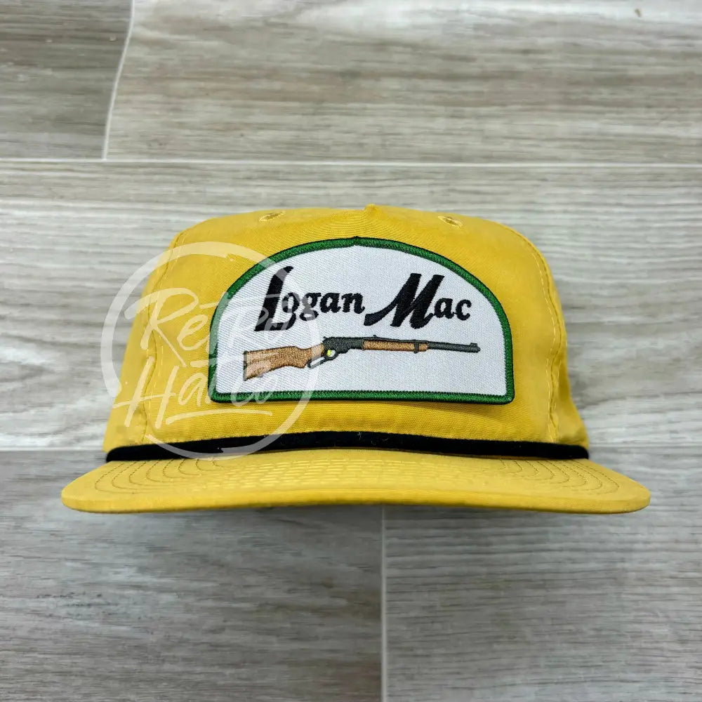 Logan Mac Rifle Patch (arch) on Mustard Retro Hat w/ Black Rope