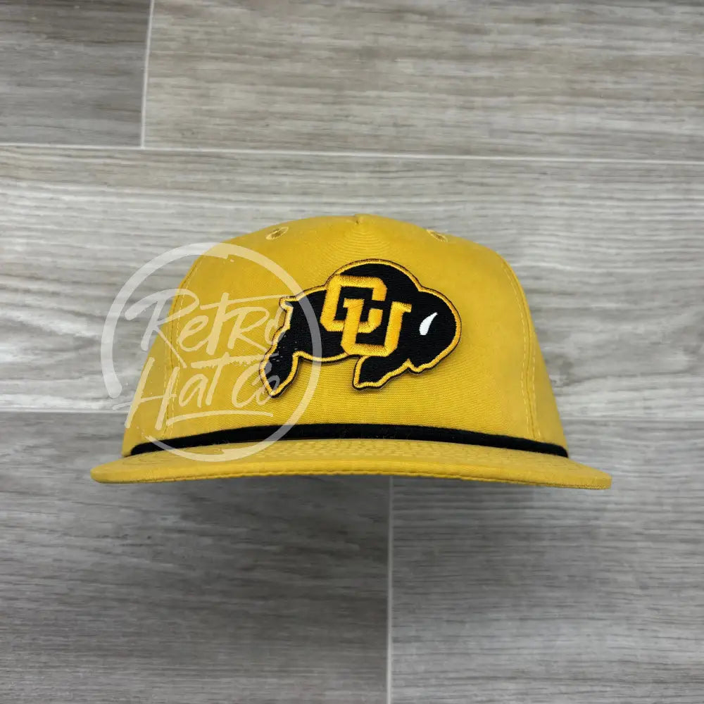 Retro Colorado Buffaloes CU patch on Mustard Retro Hat w/Black Rope
