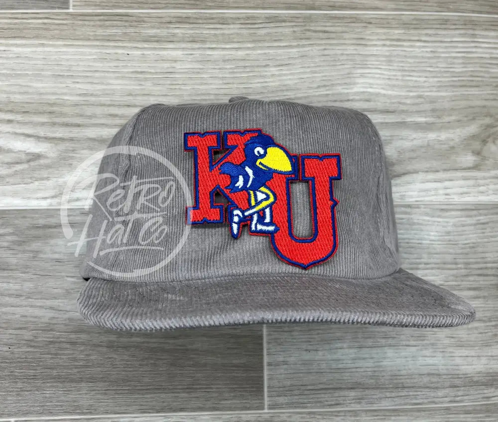 Retro Kansas Jayhawks KU Patch on Gray Corduroy Hat