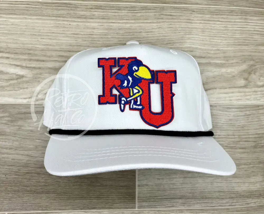 Retro Kansas Jayhawks KU Patch on White Retro Hat w/Black Rope