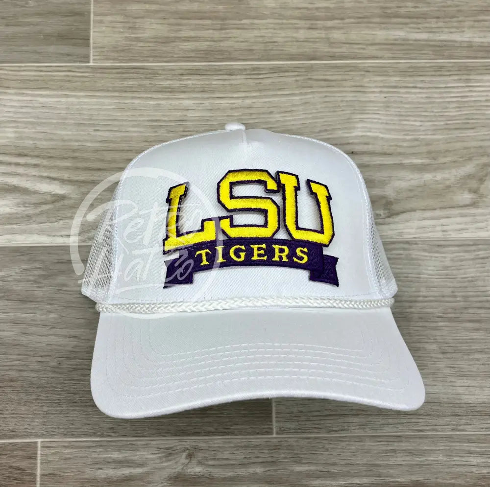 Retro LSU Tigers Banner on White (Structured) Meshback Rope Hat