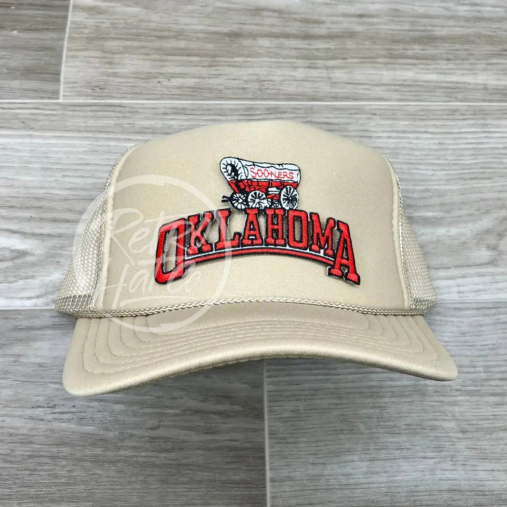 Retro Oklahoma OU Sooners Arch on Beige Meshback Trucker Hat
