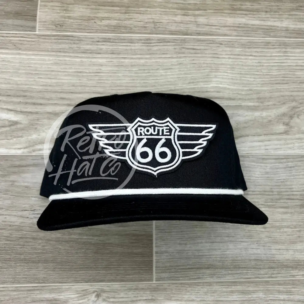 Route 66 Wings Patch on Black Retro Hat w/White Rope