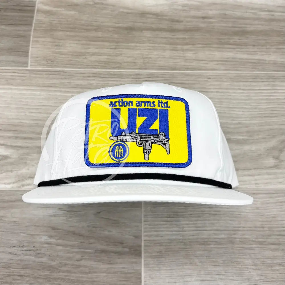 Uzi Patch on White Retro Hat w/Black Rope
