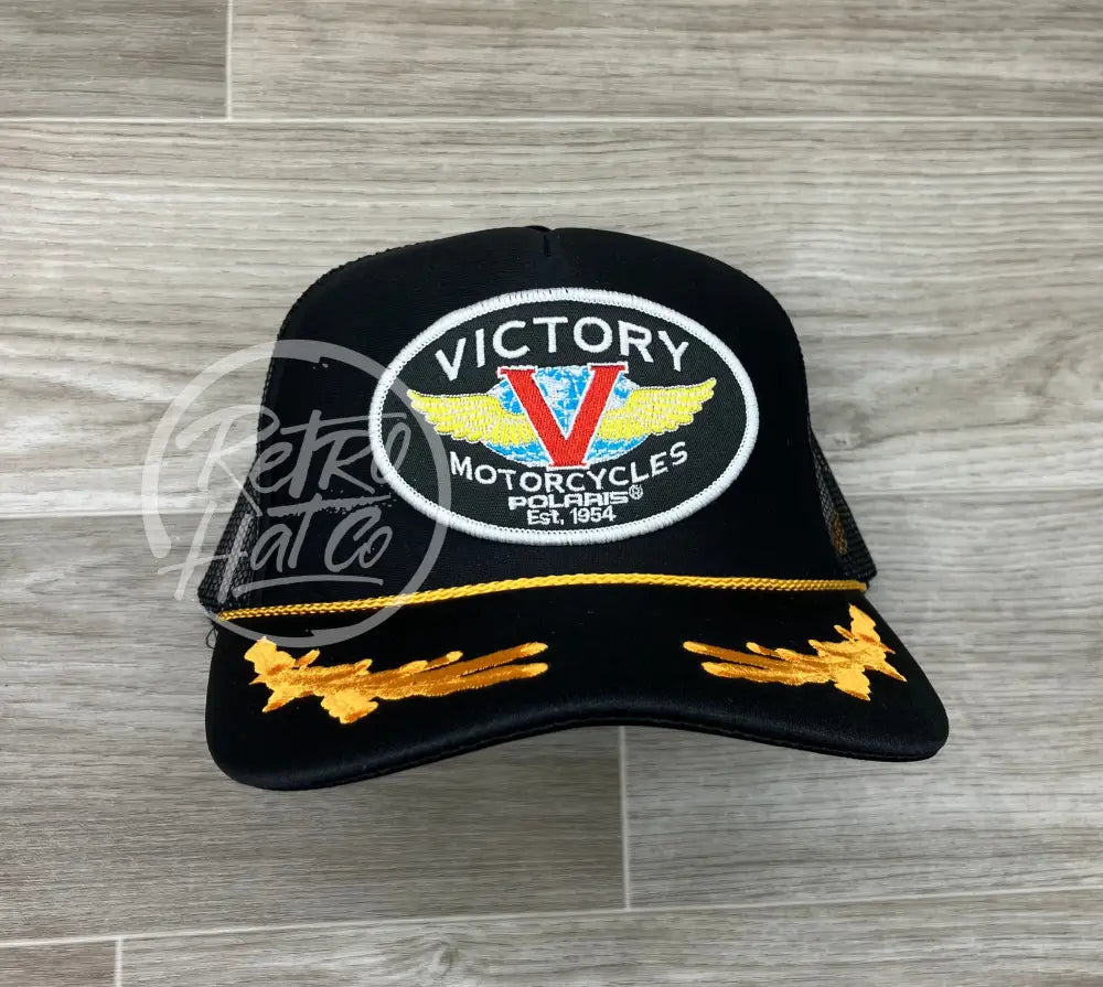 Victory Motorcycle Biker Patch on Black Meshback Trucker Hat w/Scrambl