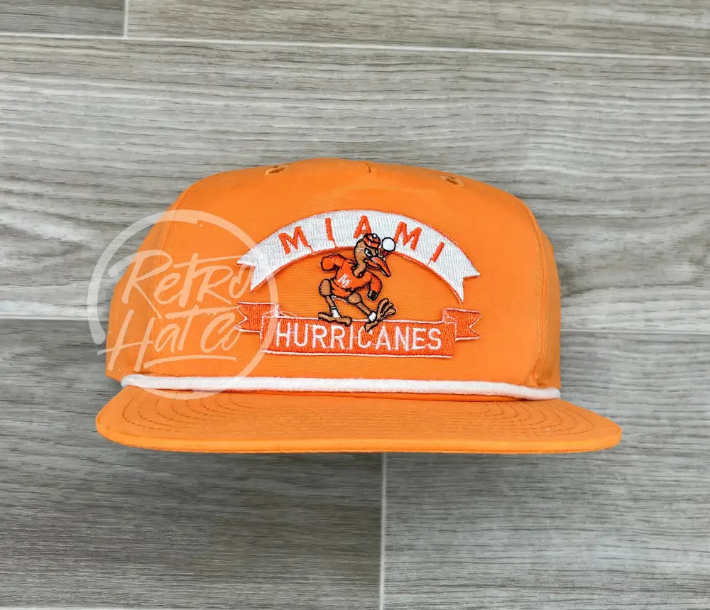 Vintage 90s Miami Hurricanes Patch on Bright Orange Retro Hat w/White