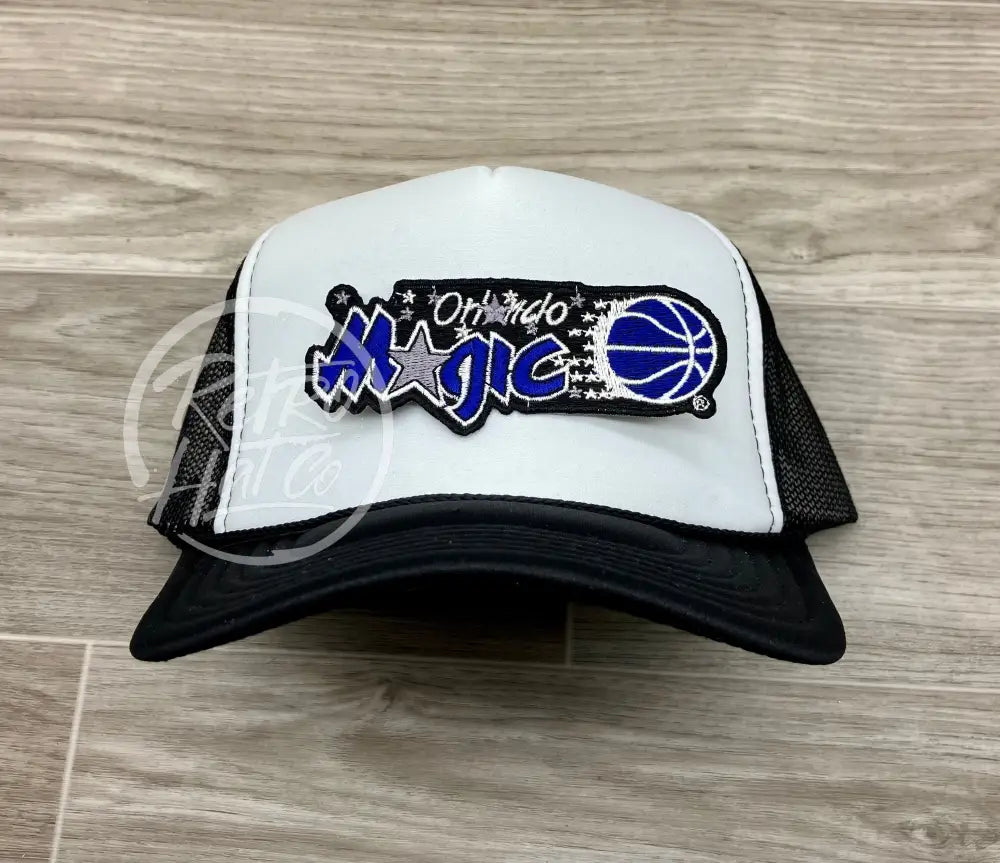 Vintage 90s Orlando Magic Patch on Black/White Meshback Trucker Hat