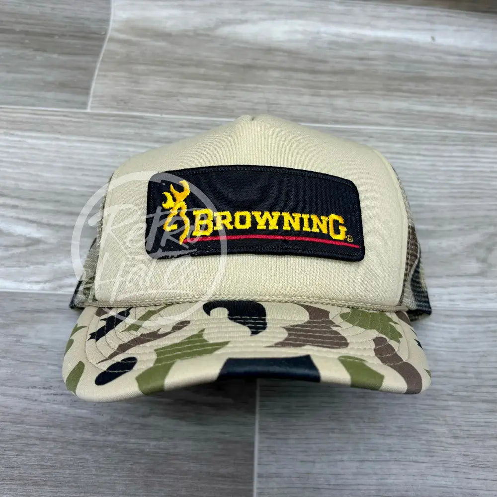 Vintage Browning Patch on Solid Front Beige / Camo Meshback Trucker Ha