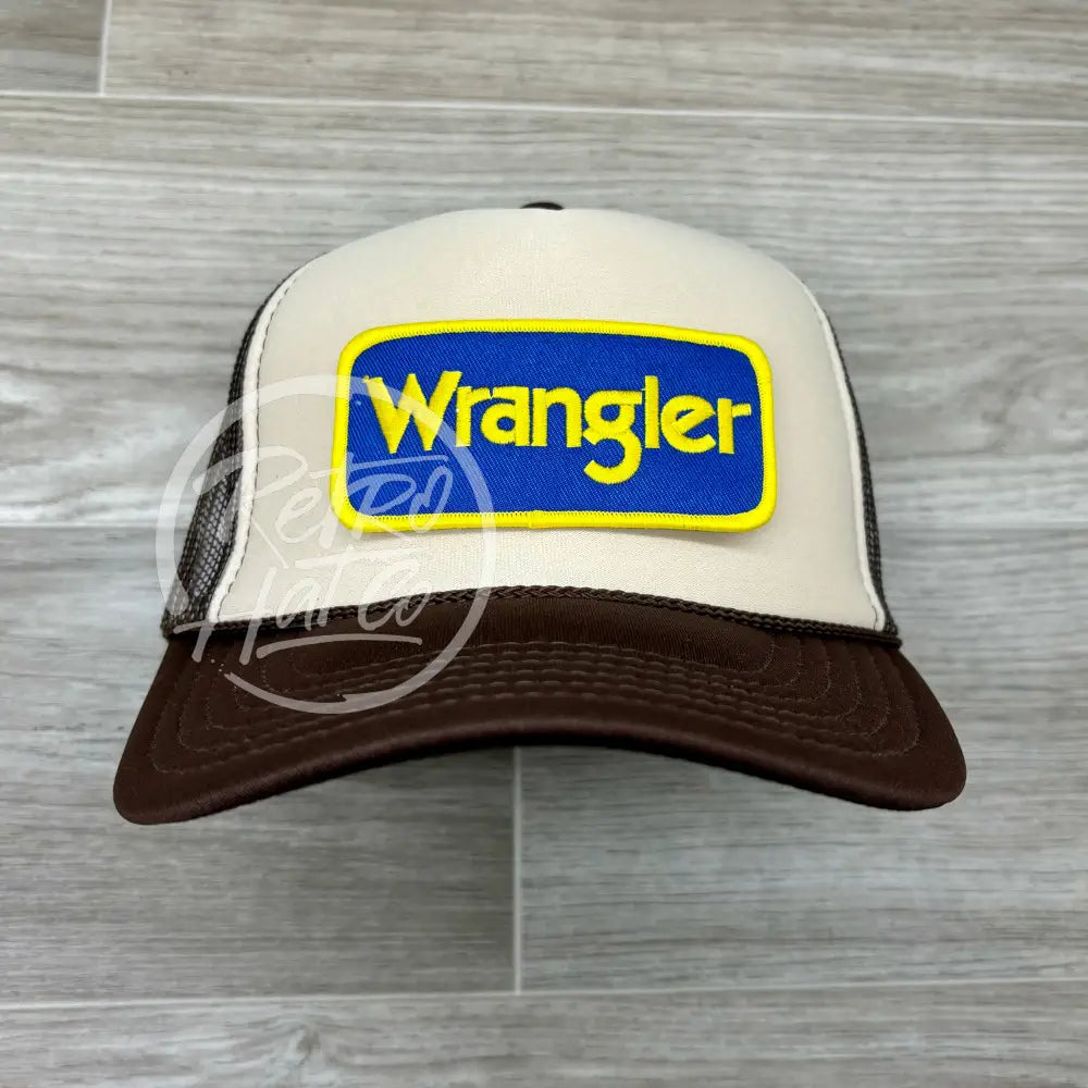 Wrangler (Blue) Patch on Brown/Beige Meshback Trucker Hat
