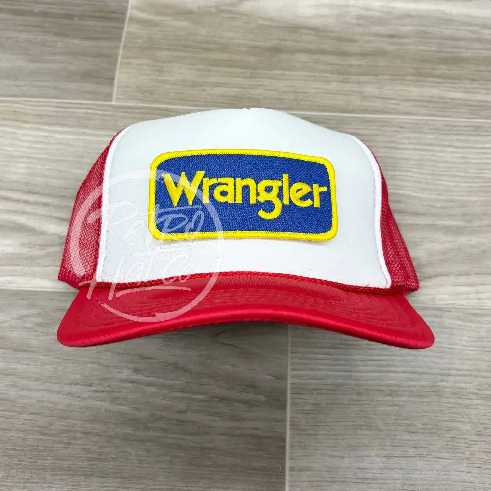 Wrangler (Blue) Patch on Red/White Meshback Trucker Hat