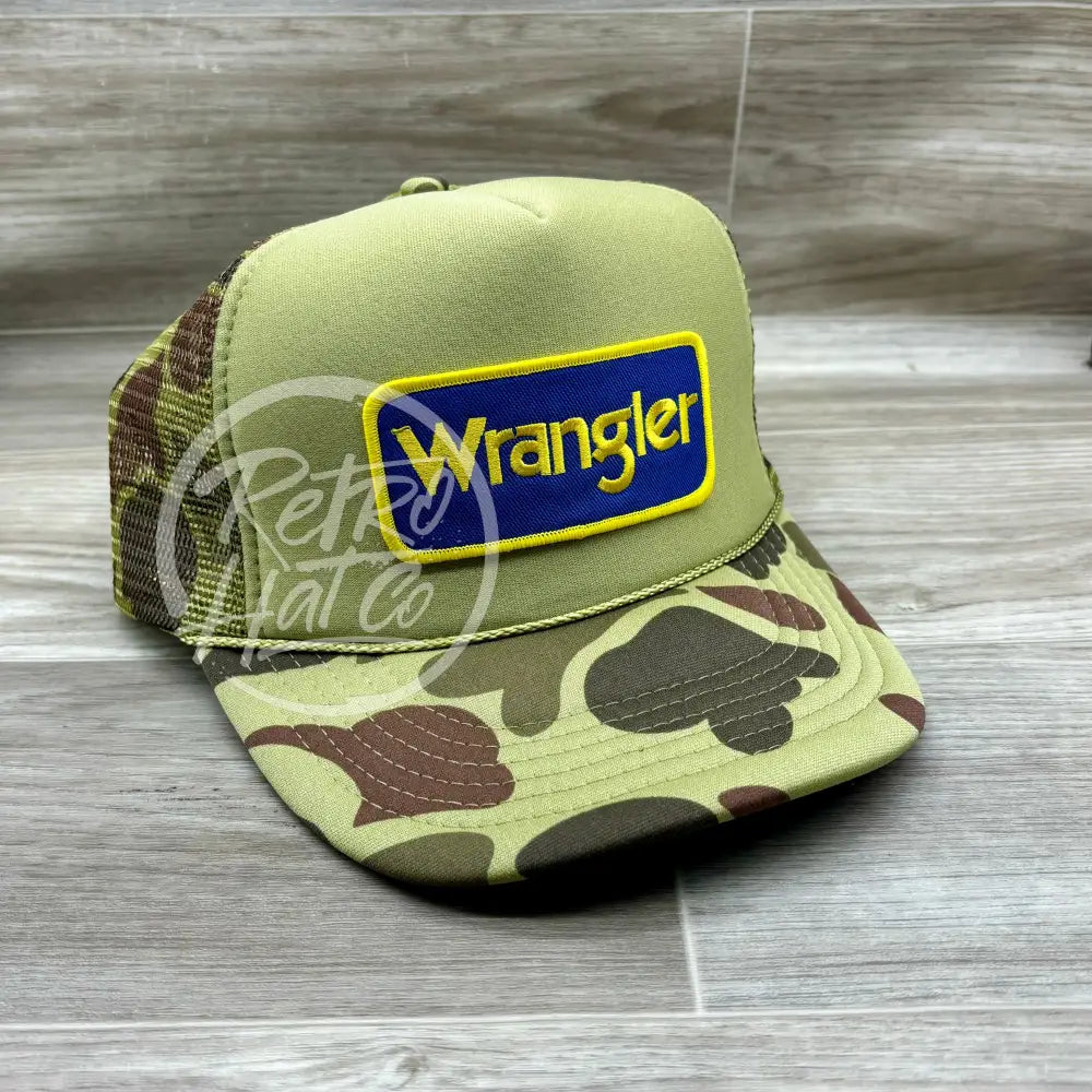 Wrangler (Blue) Patch on Solid Front Camo Meshback Trucker Hat