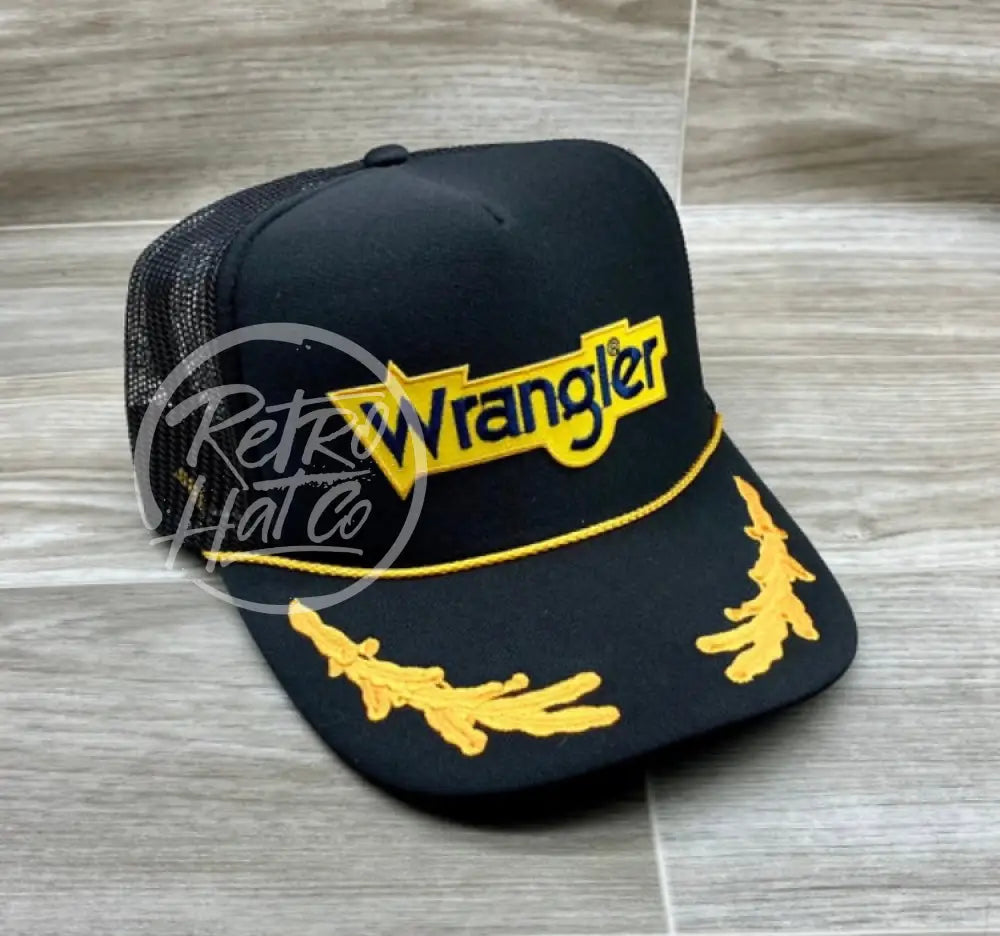 Wrangler Patch on Black Trucker Hat w/Scrambled Eggs
