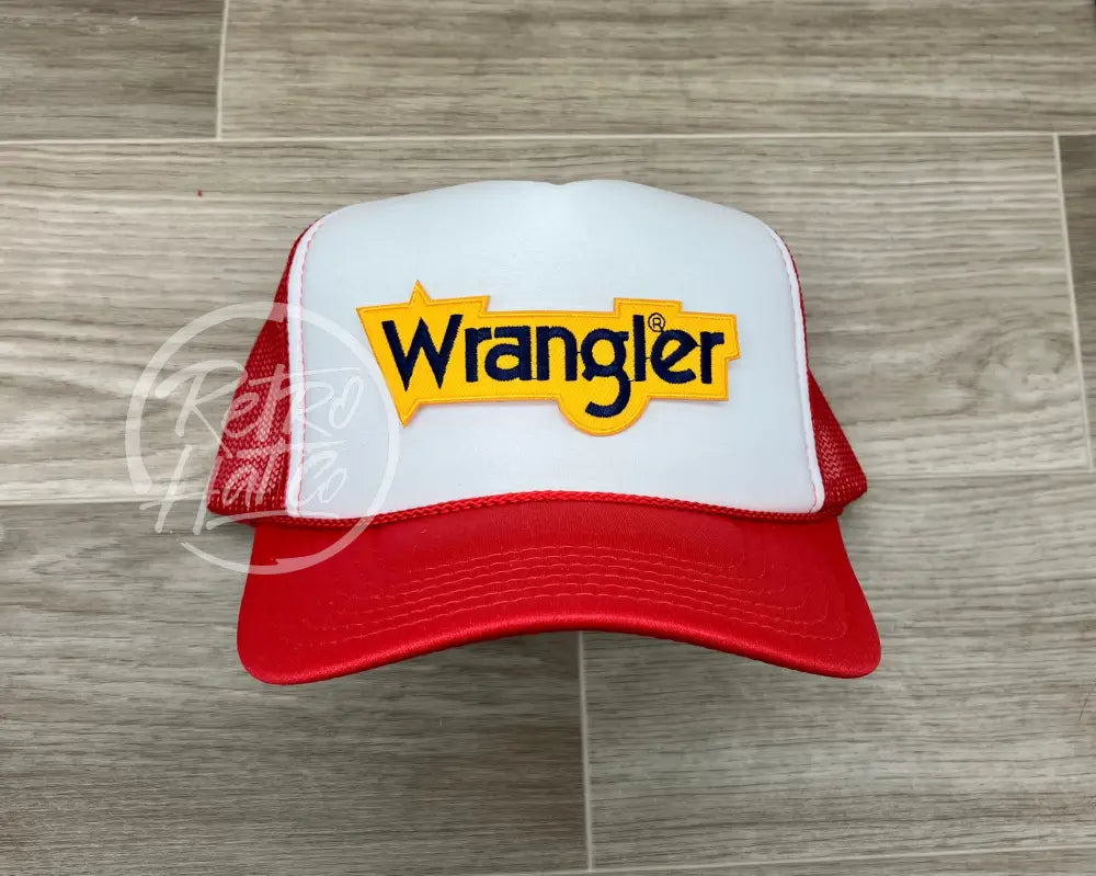 Wrangler Patch on Red/White Meshback Trucker Hat